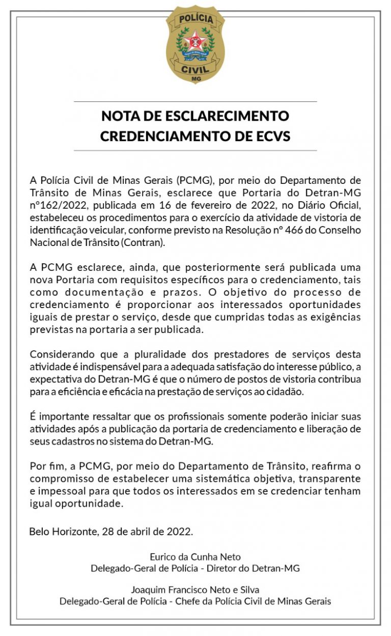 DETRAN-MG: NOTA DE ESCLARECIMENTO CREDENCIAMENTO DE ECVS – Jornal ...