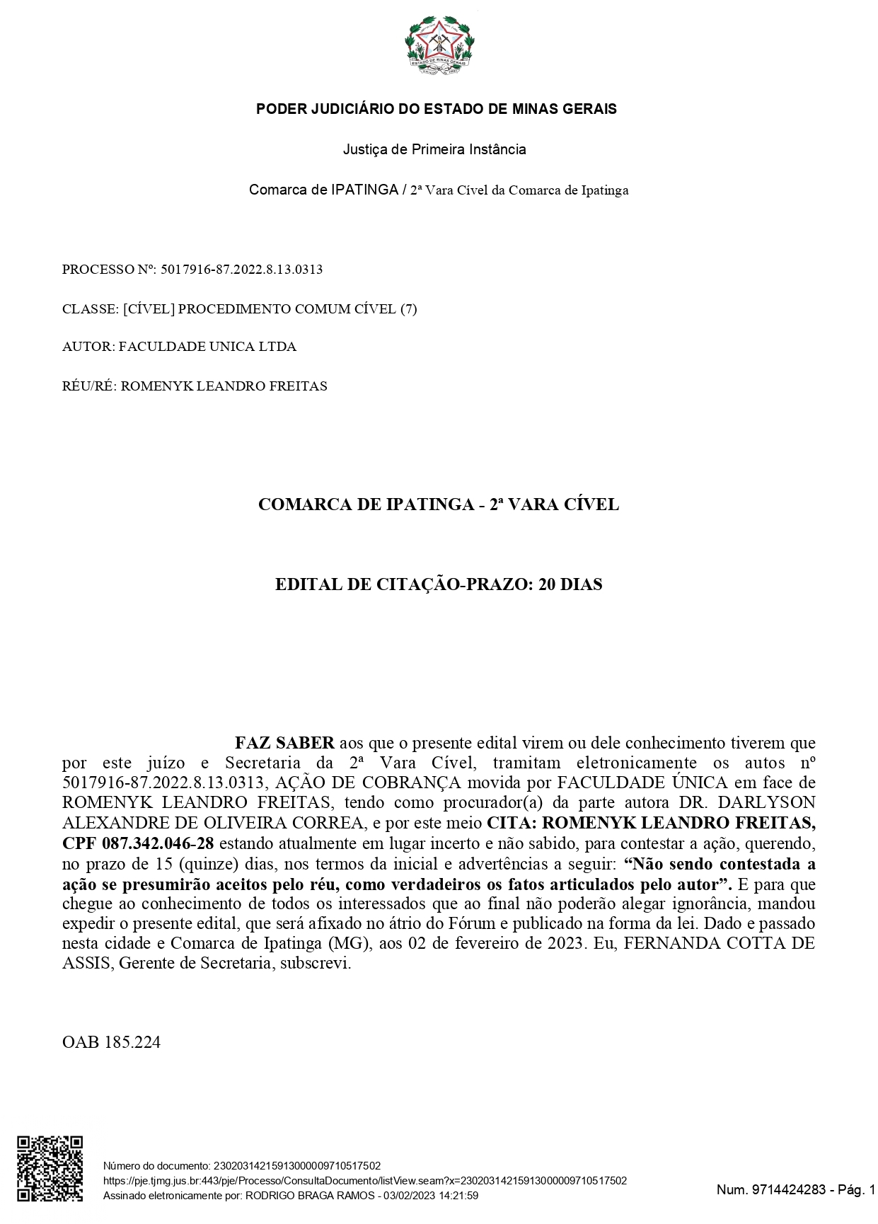 EDITAL DE CITAÇÃO – COMARCA DE IPATINGA – 2ª VARA CIVIL – Jornal ...